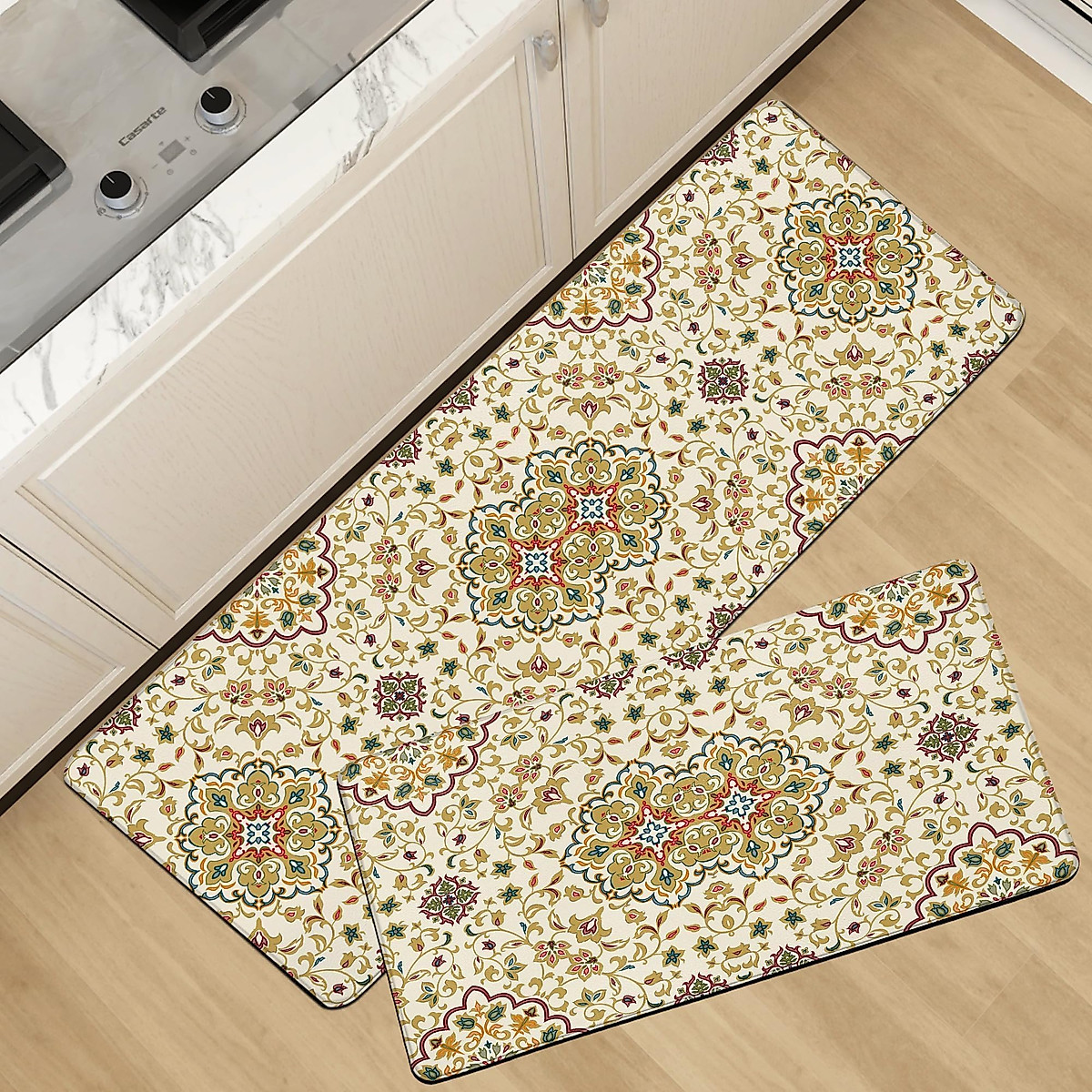 Tyrot Boho Kitchen Mat Set of 2 Cushioned Anti Fatigue Floor Mat PVC Rubber Kitchen Rugs Non Slip Waterproof Damask Floral Kitchen Rugs and Mats Comfort Standing Memory Foam Mat for Kitchen
