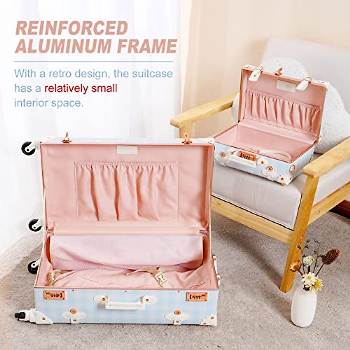 urecity Cute Suitcase Set for Teen Girls Kawaii, Lightweight and Durable Aesthetic Luggage Set 2 Piece, Tote Case Included (Blue Plaid, 26"+12")