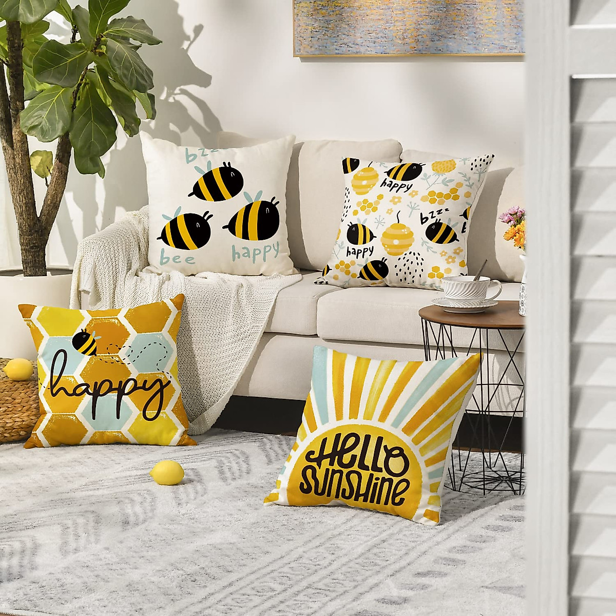 AVOIN colorlife Bee Happy Hello Sunshine Throw Pillow Covers, 18 x 18 Inch Honeycomb Sunshine Summer Cushion Case for Sofa Couch Set of 4