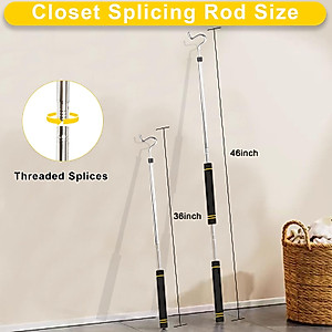 Clothes hook pole, closet hook to reach high hangers 36-46" Lightweight Spliceable S Hooks and Foam Handles (black)