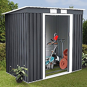 Goplus 4' X 7' Outdoor Storage Shed Garden Sliding Door Outside Tool House (Gray)