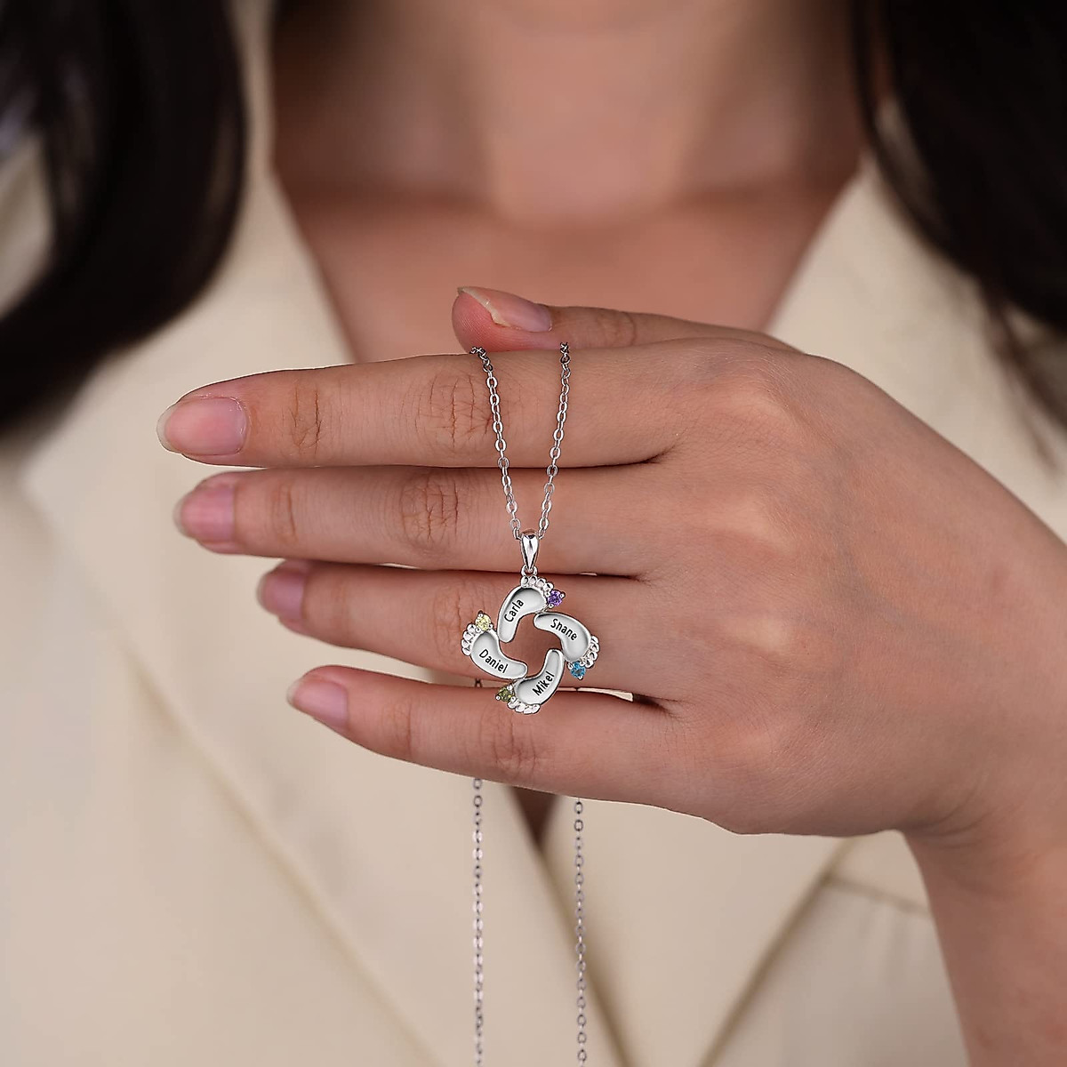 Ashleymade Customized Name Necklace with Baby Feet Pendant Mom necklace with kids names with Simulated Birthstones Necklace for Women (4 names)