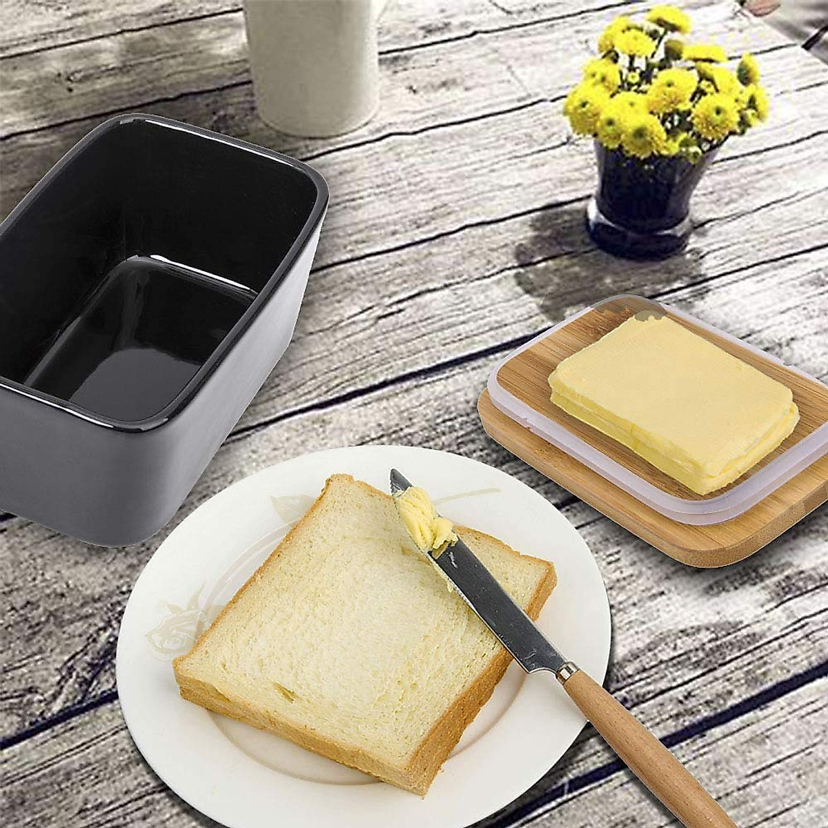 Butter Dish with Cover - Ceramics Butter Container with Bamboo Lid for Countertop,Double-layer Silicone Sealing Larger Butter Dishes with Covers Perfect for East West Coast Butter (Black with Words)
