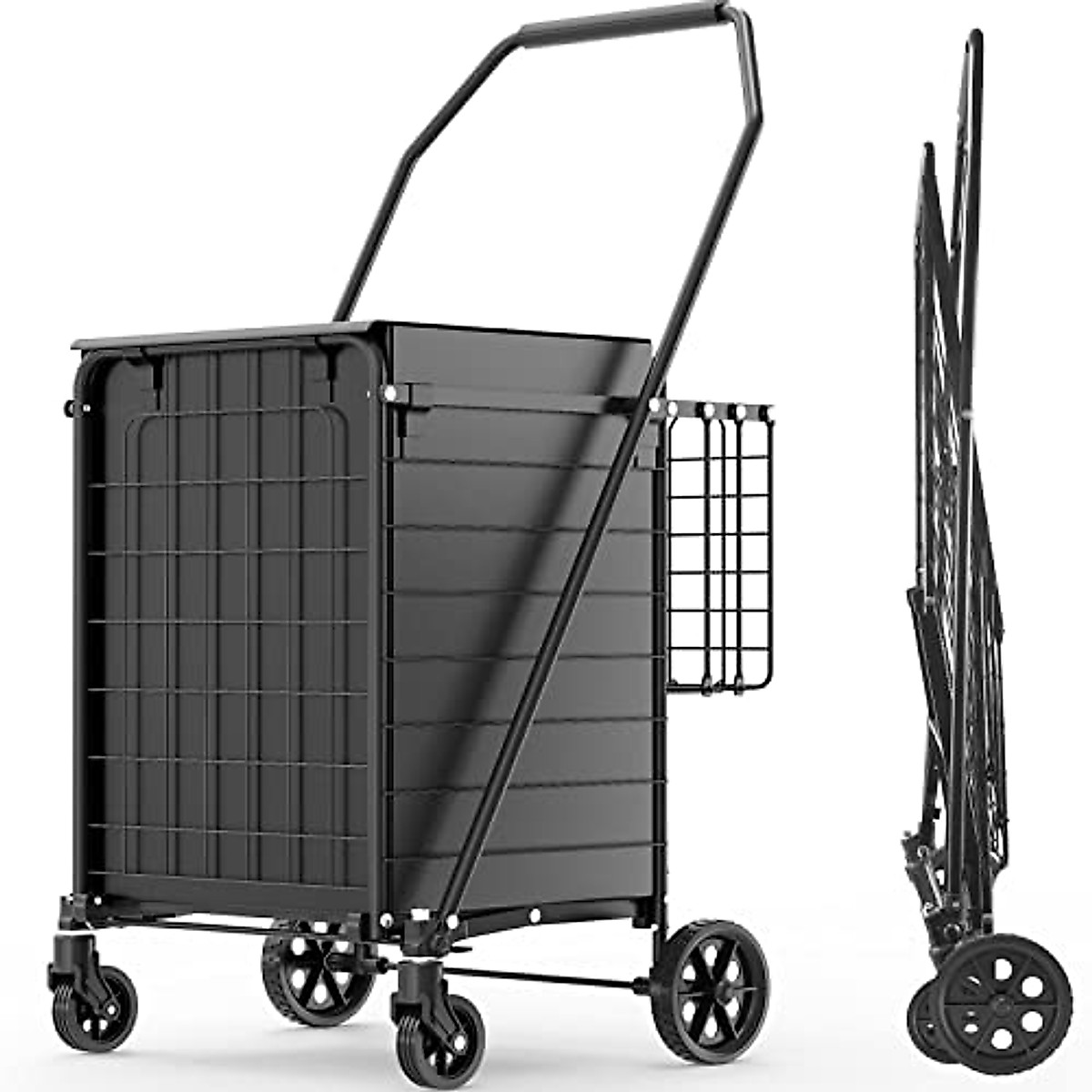 [2023 Upgrade] Shopping Cart with 360°Swivel Wheels,Waterproof Liner, Double Basket,Portable Foldable Grocery Cart, Folding Utility Shopping Carts for Seniors,Groceries,Laundry,Transport