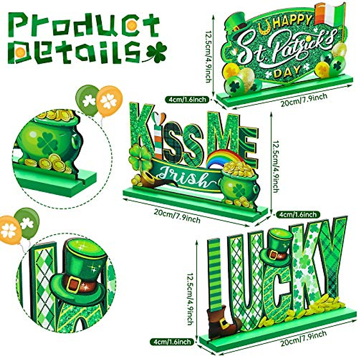 Jetec 3 Pieces St Patrick’s Day Table Decorations Happy St Patrick’s Day Glitter Wooden Sign St Patrick’s Day Lucky Table Sign for St Patrick’s Day Home Party Decor (Classic Style)