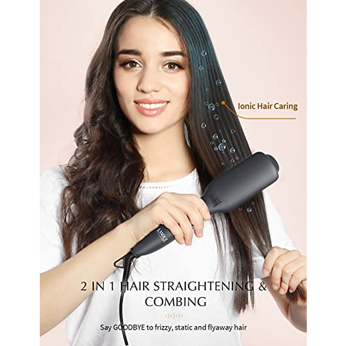 Hair Straightener Brush Heated Straightening Brush: Negative Ion Hot Hair Brush for Smooth Frizz-Free Women Hair - Ceramic Flat Iron Brush - Dual Voltage Anti-Scald Fast Heating