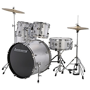 Ludwig Accent Drive Series LC175 Complete Drum Package with Cymbals, Hardware, Drum Throne, Chain-drive Pedal and Sticks (Silver Foil)