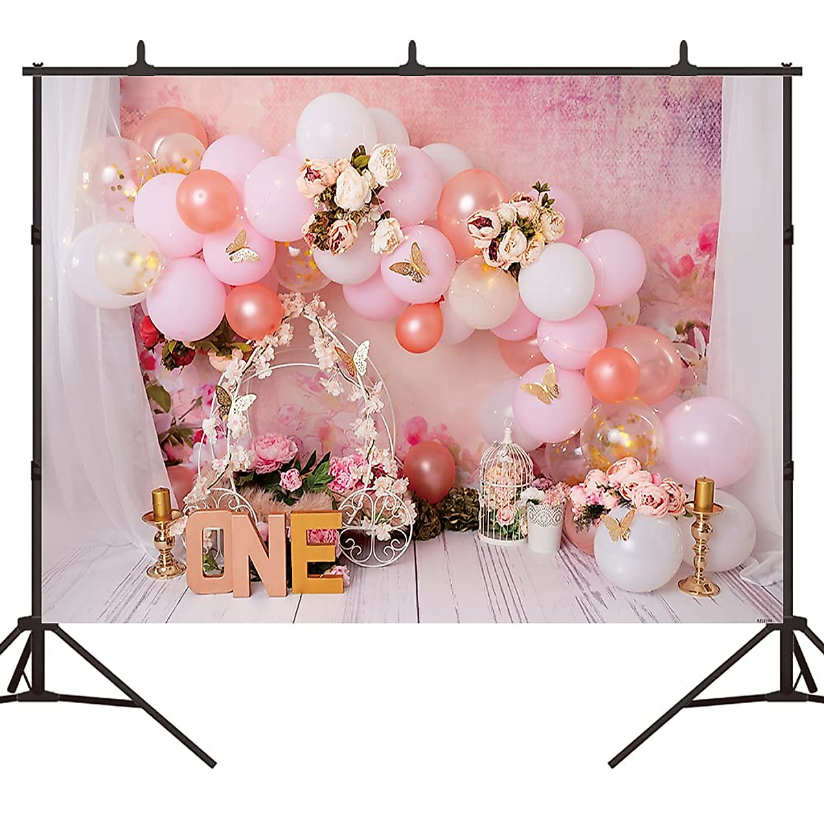 Bellicremas Butterflies Gold Pink First Birthday Photography Background Princess Theme Flowers Pink Carriage Girls 1st Birthday Backdrop One Year Old Cake Smash Banner