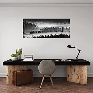 YeiLnm Forest Wall Art for Home Office Misty Pine Trees Foggy Forest Picture Painting Dramatic Dark Black and White Nature Photography Artwork Print on Canvas Home Office Bedroom Decor