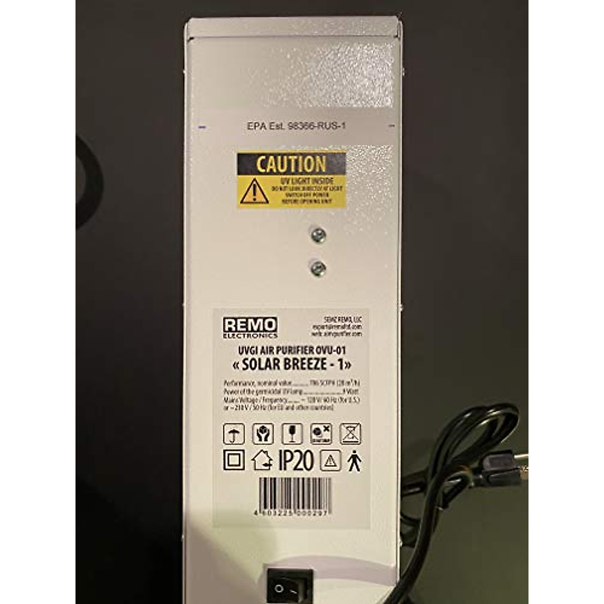 SOLAR BREEZE-1 UV Air Recirculator Purifier & Sanitizer Germicidal Low Noise