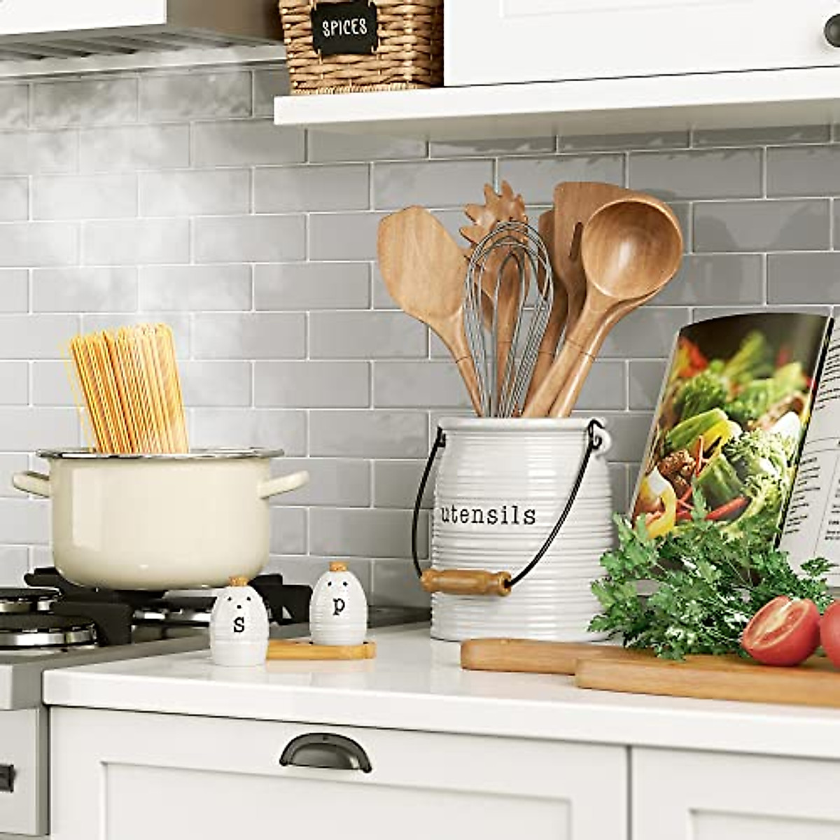 Farmhouse White Ceramic Utensil Holder for Kitchen Counter