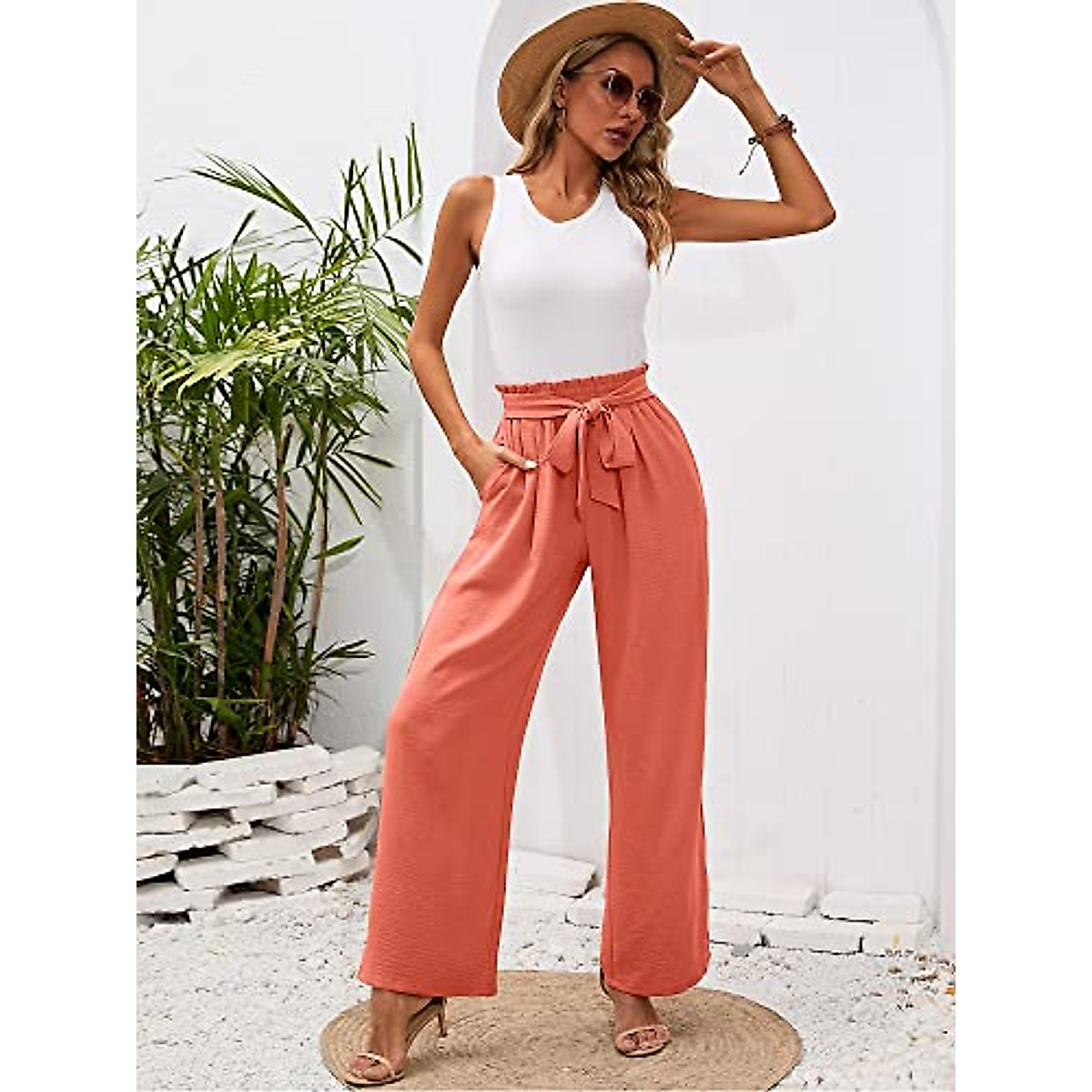 Heymoments Women's Wide Leg Lounge Pants with Pockets Coral Large Lightweight High Waisted Adjustable Tie Knot Loose Comfy Casual Trousers
