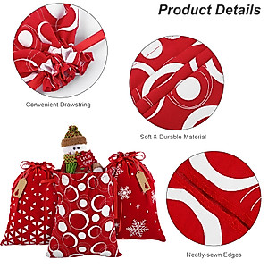 MIMIND 12 Pieces Christmas Drawstring Gift Bags Red and White Cotton Fabric Christmas Gift Bags with Drawstring 12 x 10 Inch Christmas Party Favor Bags for Christmas Party Supplies, 6 Designs