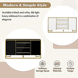 59" L Sideboard Buffet Cabinet, Modern Kitchen Storage Cabinet with 3 Drawer & 2 Doors Wood Cupboard Console Table with Gold Metal Legs Entryway Table Console Cabinet for Dining Living Room, Black