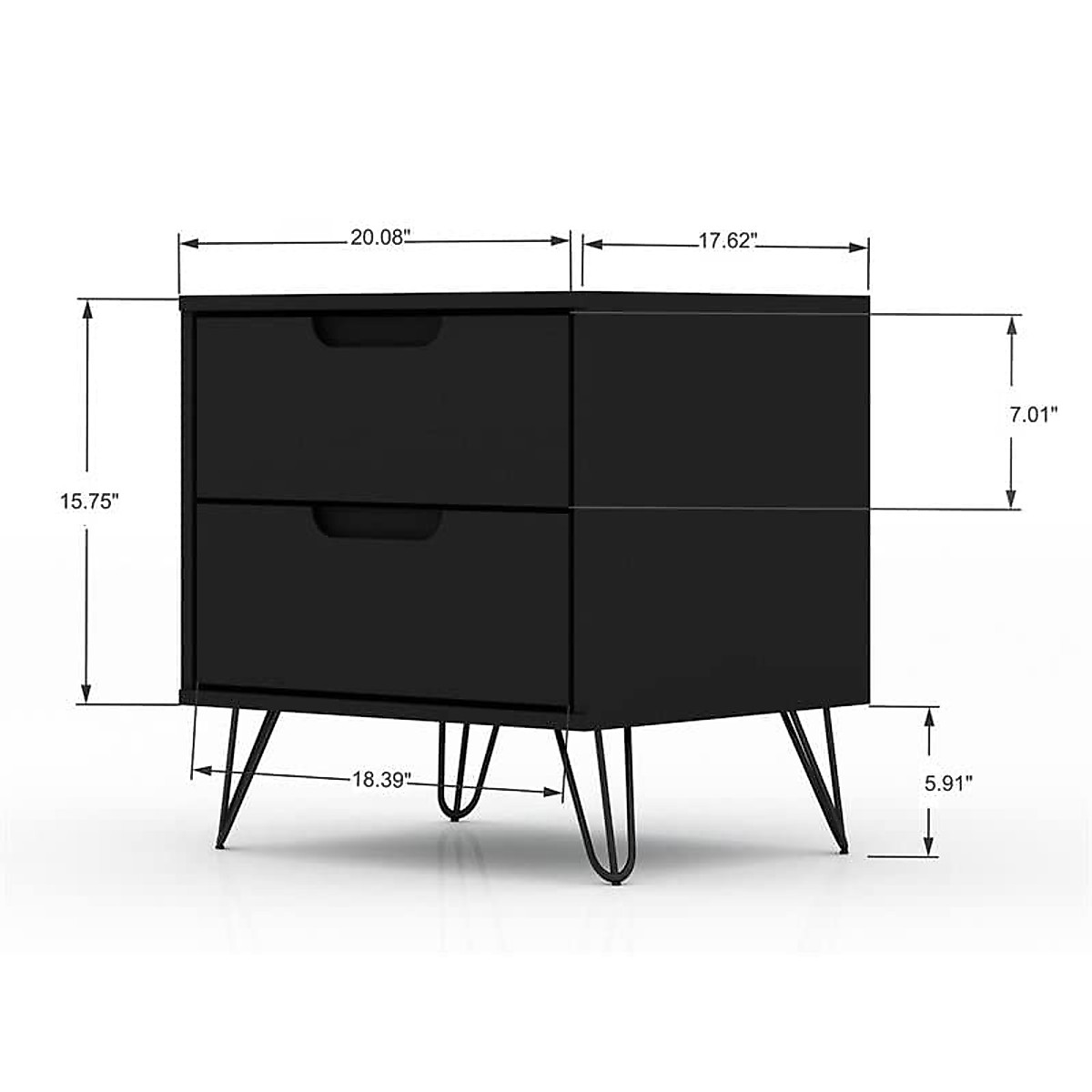 Manhattan Comfort Rockefeller Mid-Century Modern 2 Drawer Bedroom Nightstand, 20.08", Black