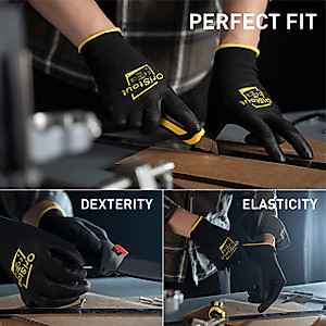 Work Gloves Bulk Pack of 12, Super Lightweight & Breathable, Men's Safety Garden Gloves, PU Coated Working Gloves (Medium, Black)