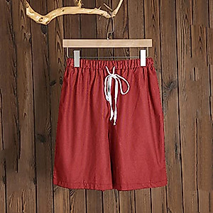 HCNTES Womens Bermuda Shorts Women Summer Shorts, Women Solid Shorts Loose Casual Wide-leg Women's Cotton Linen Shorts Drawstring Breathable Pants Red