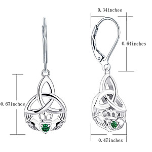 JO WISDOM Women Claddagh Earrings,925 Sterling Silver Irish Celtic Claddagh Love Heart Drop & Dangle Leverback Earrings with Green Emerald