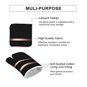 4Pcs Oven Mitts and Pot Holders Set, Black Stylish Rose Gold Heat Resistant Oven Mitts Gloves Set Hot Pads for Kitchen Cooking Grill