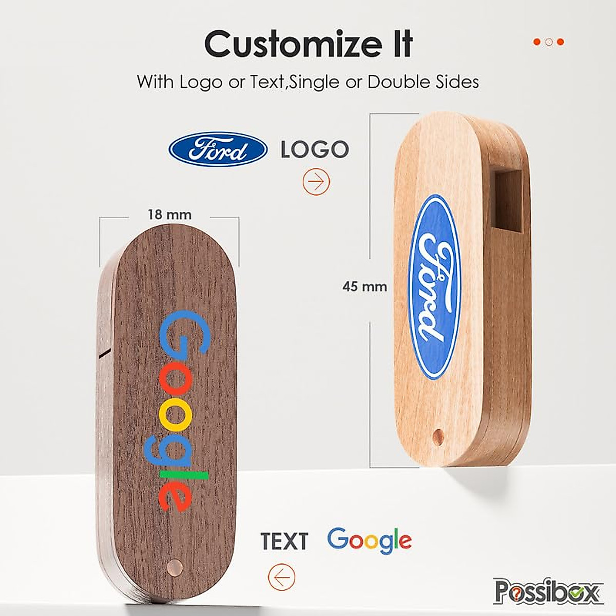 Possibox Custom Swivel Wooden USB 2.0 Flash Drive 128MB Imprinted or Engraved with Your Logo - Bulk Wholesale Promotional - 50 Pack