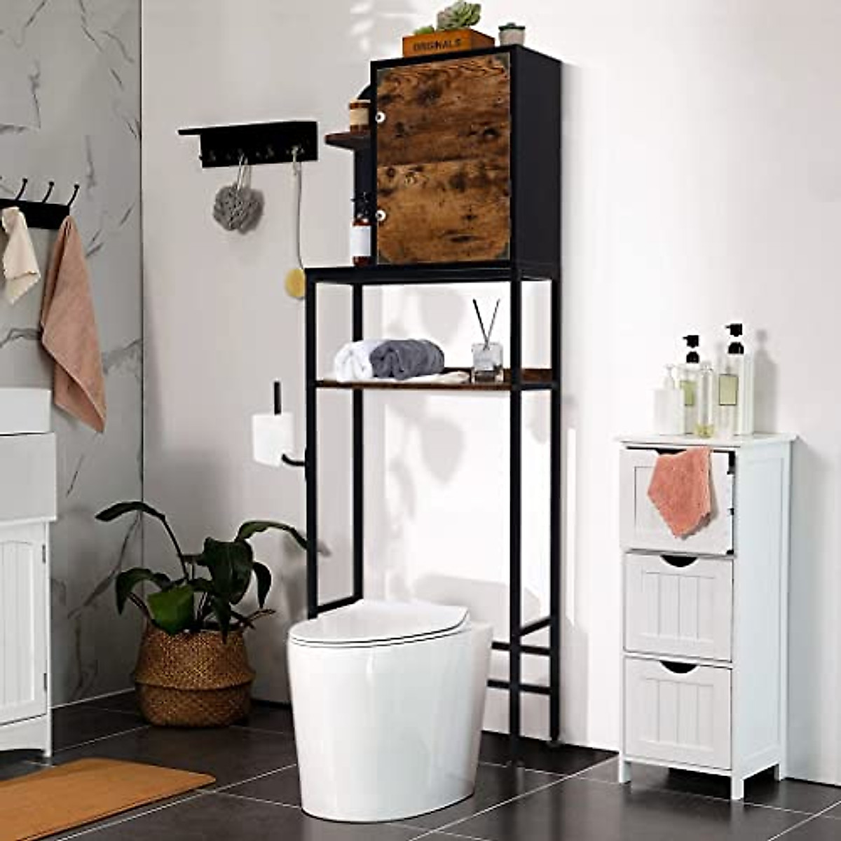 Becko US Over The Toilet Storage Cabinet with Doors & Adjustable Shelves, Bathroom Storage Organizer Shelf with Toilet Paper Holder, Tall Freestanding Multifunctional Rack