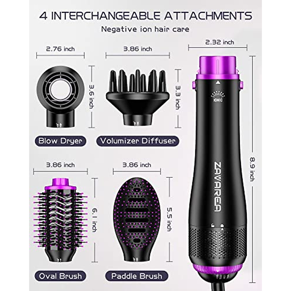 Hair Dryer Brush, 4-in-1 Hot Air Brush Blow Dryer - Straighten, Curl, Volumize & Dry in One Step, Negative Ion Blow Dryer Brush Hairbrush Blow Dryer Hair Styler with 4 Detachable Attachments, 3 Temps