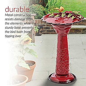 Alpine Corporation 28" Tall Outdoor Metal Birdbath with Birds and Leaves Yard Statue Decoration, Red