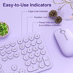 Mobifice Cute Keyboard and Mouse Wireless for PC Computer/Laptop/Windows/Mac/Tablets, Ultra-Thin 2.4GHz USB Cordless Full-Sized Silent Retro Computer Keyboard Mouse Combo (Purple)