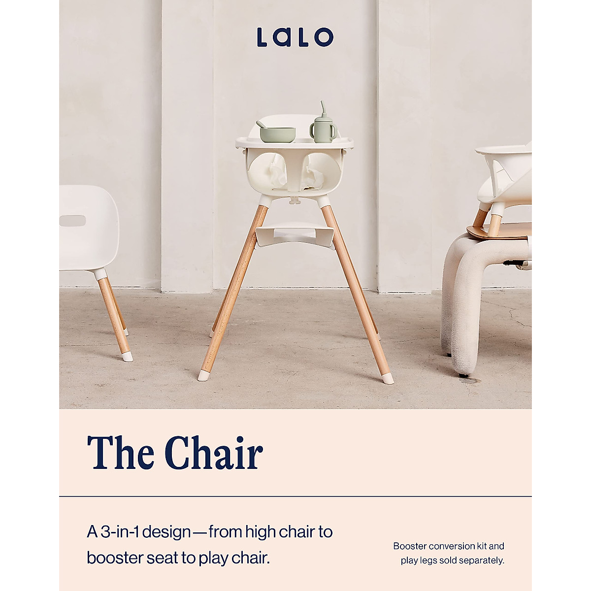 Lalo The Chair Convertible 3-in-1 High Chair - Wooden High Chair for Babies & Toddlers, Baby High Chair with Dishwasher Safe Tray, Adjustable Footrest & Machine Washable High Chair Cushion, Coconut