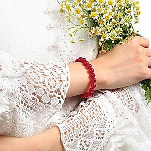 Landorilo Handmade Stretch Protection Bracelet for Women Men, 8MM(0.31") Natural Polished Red Quartz Chalcedony, Beads Healing Crystals, Unisex Yoga Beaded Chakra Stone Bracelets for Gifts