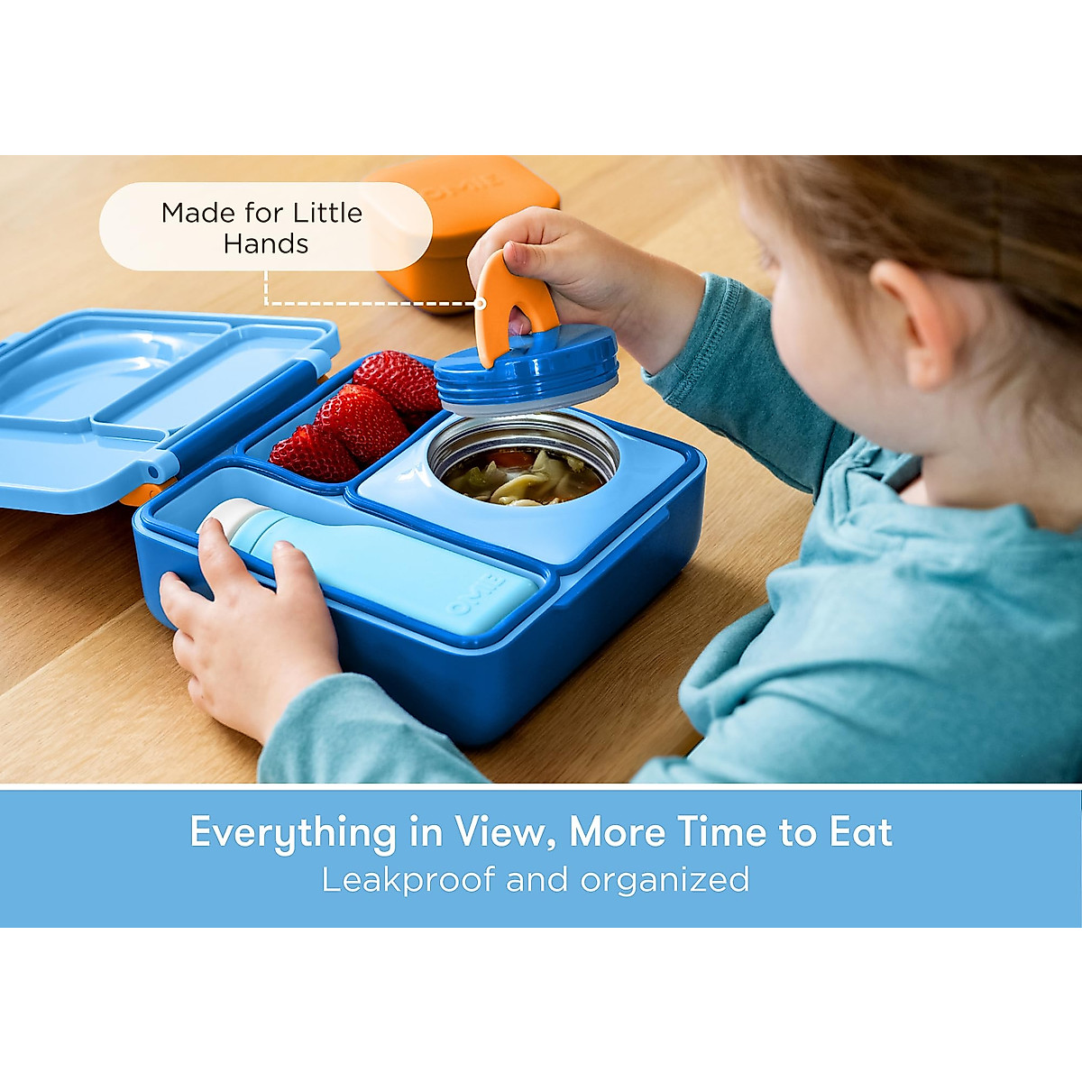 OmieBox Bento Box for Kids - Insulated Lunch Box with Leak Proof Thermos Food Jar - 3 Compartments, Two Temperature Zones (Sky Blue) (Single) (Packaging May Vary)