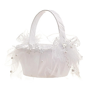 Abaodam White Hamper White Basket Flower Girl Baskets Lace Bridal Basket White Flower Basket Lace Satin Basket Pendant Drill Flower Girl Baskets for Weddings Baskert for Wedding Wedding Basket White