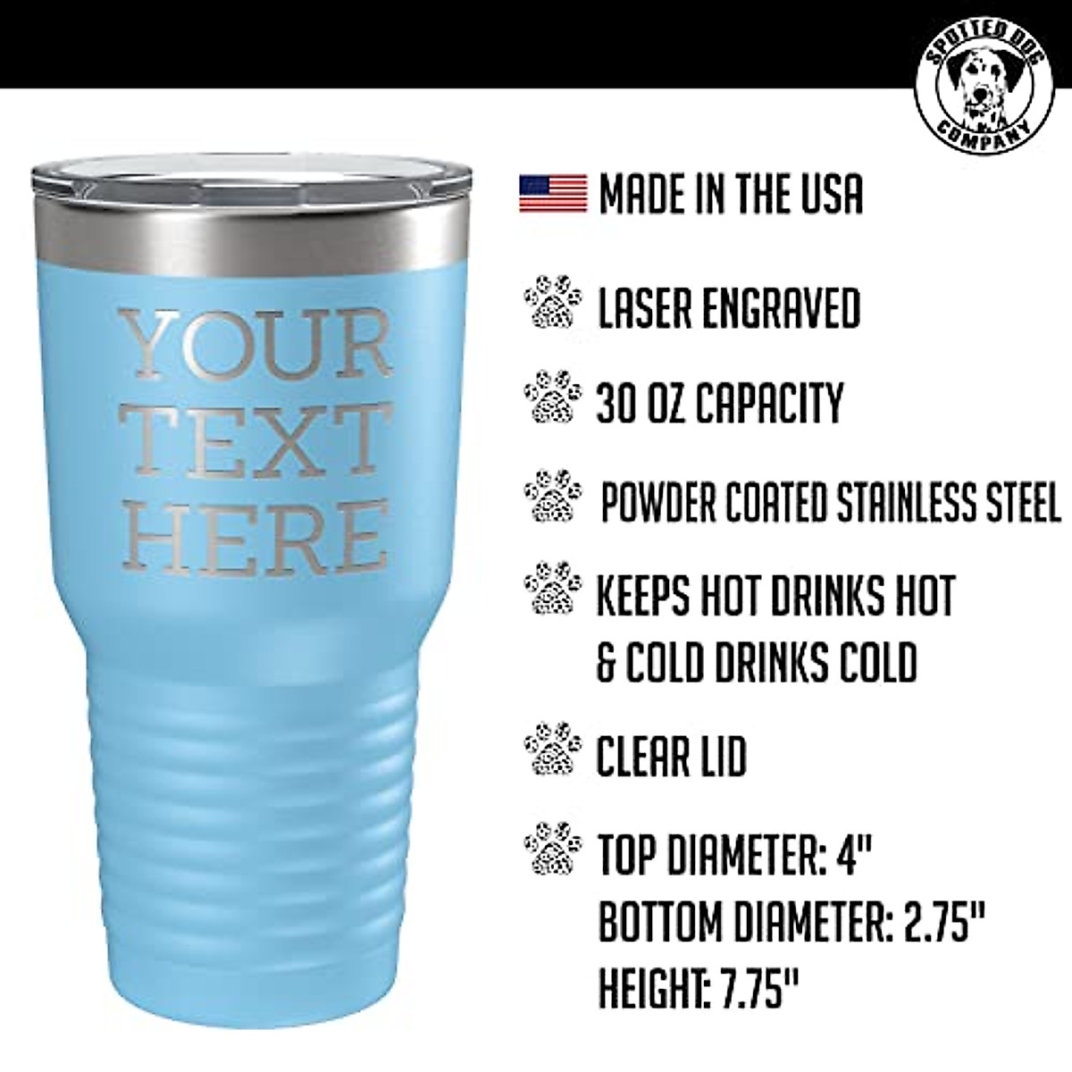Personalized 30oz (17 Colors) Powder Coated Insulated Stainless Steel Tumbler with Lid, Custom Etched, Customized Text Message Name, Engraved Gift Idea Women Men Him Her, Your Text Here (Light Blue)