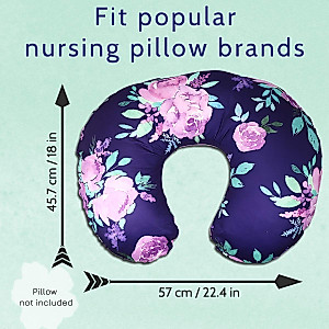Purple Floral Nursing Pillow Cover, Breastfeeding Pillow Slipcover for Baby Boys & Girls, Nursing Pillow Case for Newborn, Soft Fabric Fits Snug On Infant, Washable & Breathable, Watercolor Flower