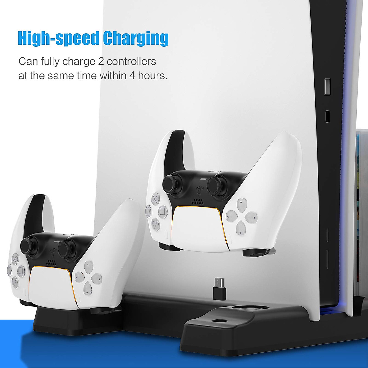 ECHZOVE PS5 Stand with Controller Charger and Cooling Fan, PS5 Digital/Disc Version Stand, PS5 Controller Charger with USB C Cable, PS5 Cooling Stand - White