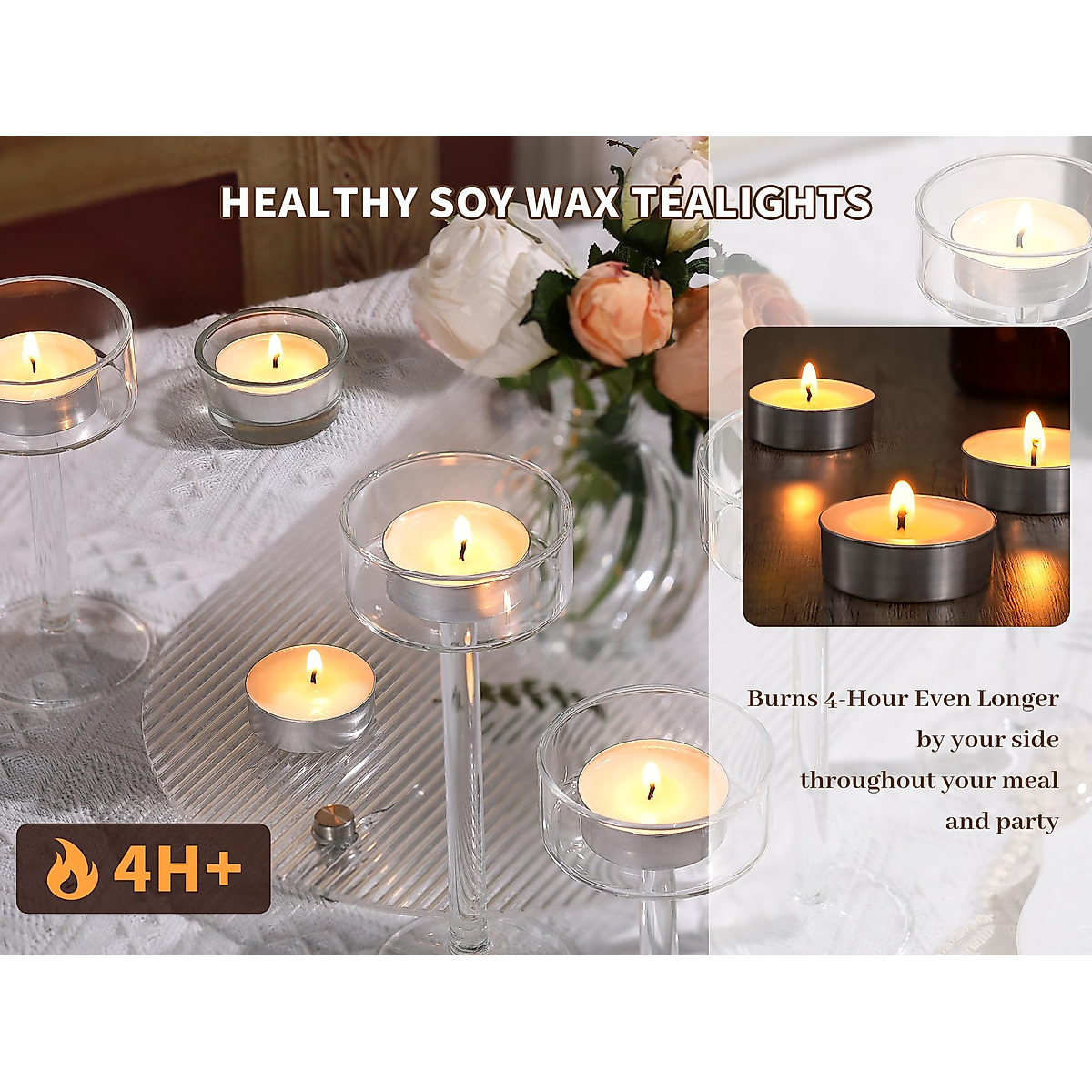 Soy Tealight Candles | 50 Pack | 4 Hours - 100% Natural Soy Wax Tea Candles | Paraffin-Free, Unscented Tealights Small Candles in Bulk, Long Burning Tea Lights Candles for Shabbat, Home, Wedding