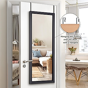 PexFix Door Mirror Full Length 51"x18" Over The Door Rectangle Sleek Black Frame Space Saving Floor Mirror Dressing Hanging Wall Mounted Mirror (US-MHJ002-BK+USAM019)