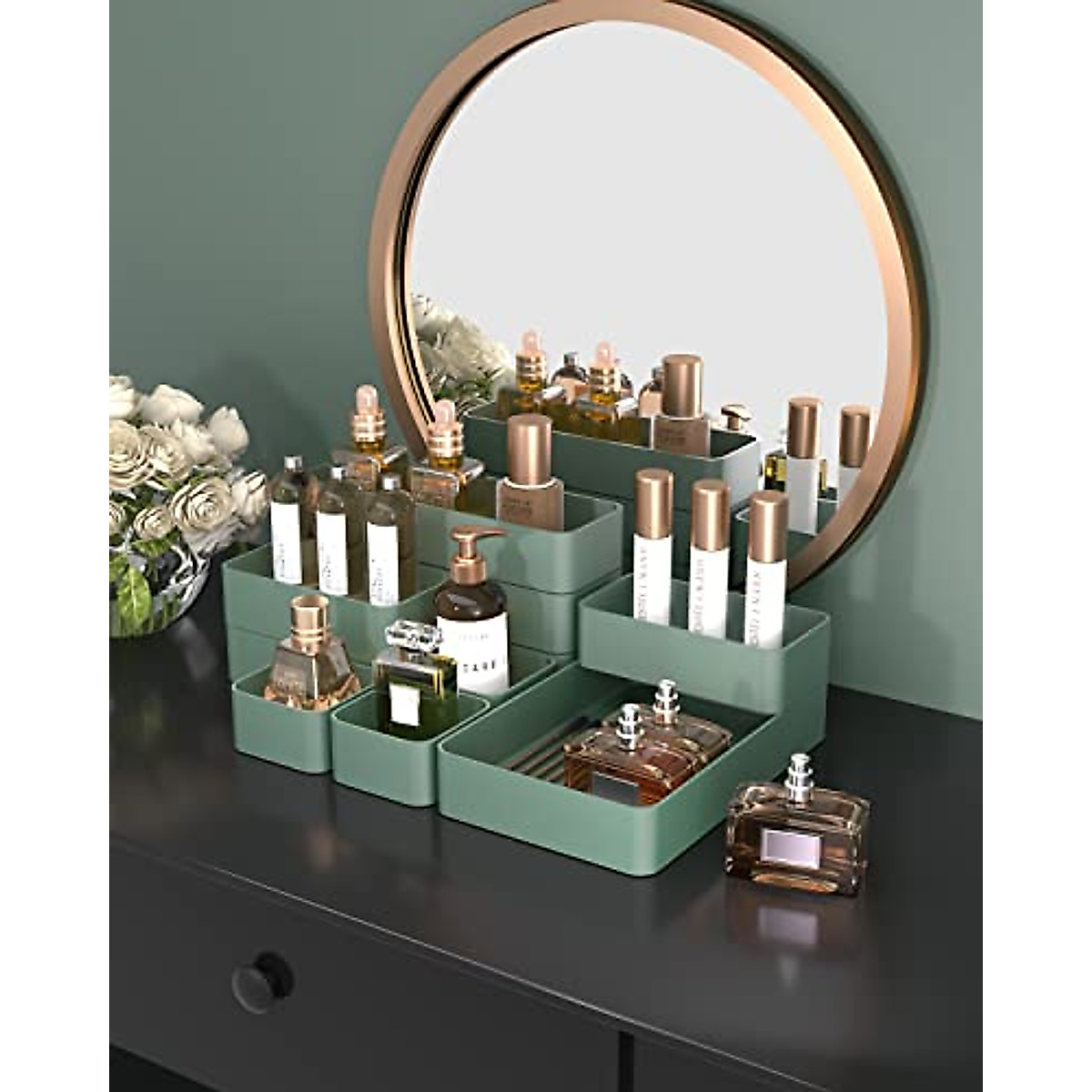 9 Pcs Stackable Drawer Organizer Trays Set, Multifunctional Stackable Storage Trays for Vanity, Bathroom, Kitchen, Desk Drawer Organizer Office. Plastic Drawer Organizers Available In 5 Colours, Green