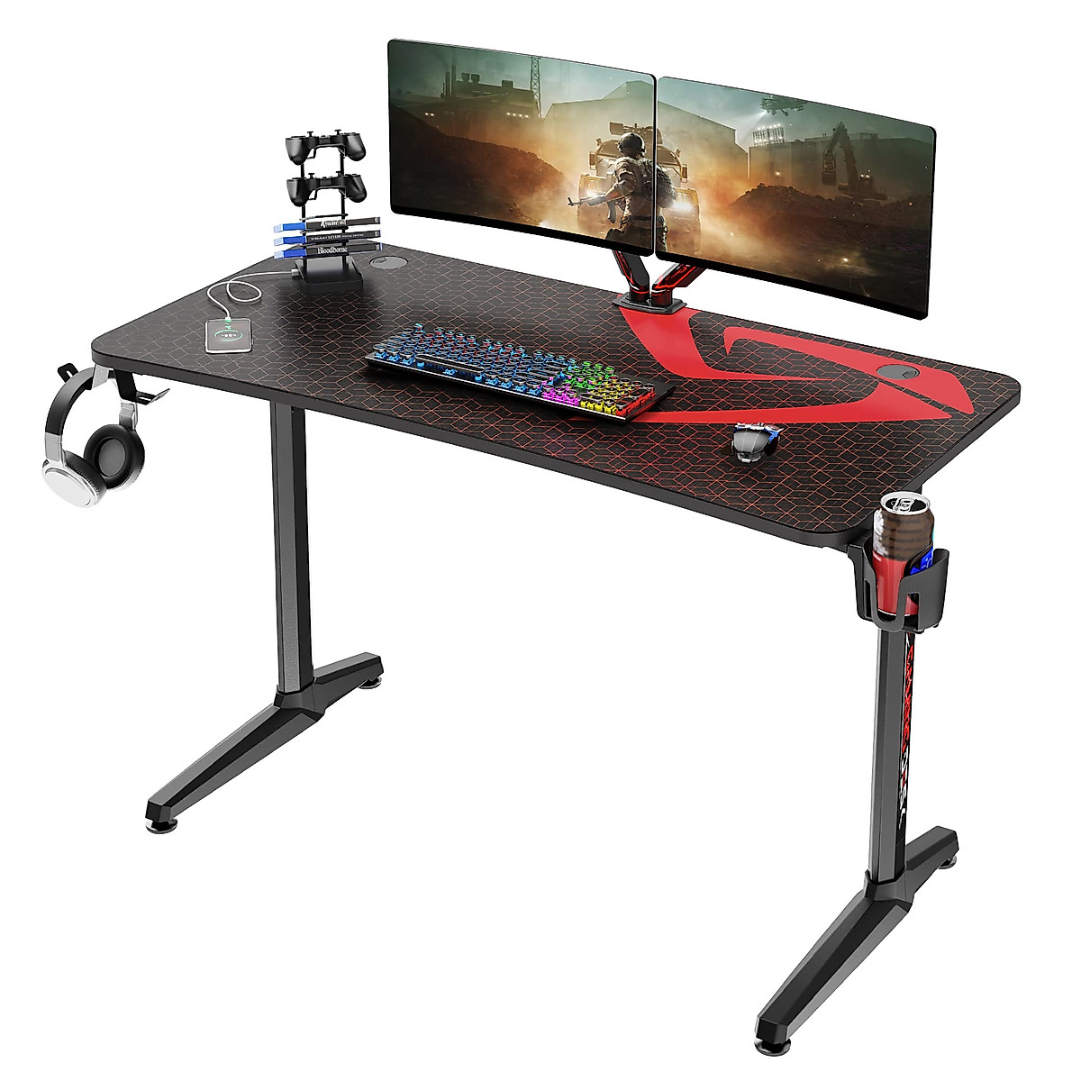 It's_Organized 47 inch Gaming Desk Racing Style Computer Desk with Free Mouse pad, T-Shaped Professional Gamer Game Station with USB Gaming Handle Rack, Cup Holder & Headphone Hook,Black