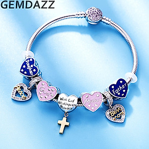 Pink Enamel God Mother Heart Charms, fits Pandora Mom Bracelet, 925 Sterling Silver Godmother Motherly Love Goddaughter Beads, Gift for Christmas/Godmom/Thanksgiving/Daughter