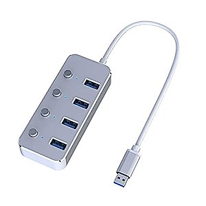 WJCCY Aluminum Alloy 4 Port USB 3.0 Hub Sub-Control Switch HUB 60/120cm Cable Upto 5Gbps Splitter (Color : Silver)
