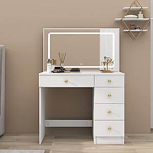 Makeup Vanity with Large Lighted Mirror, Vanity Desk with 5 Drawers Vanity Set with Power Outlet 3 Color Lighting Modes Dressing Table for Women Girls (White)