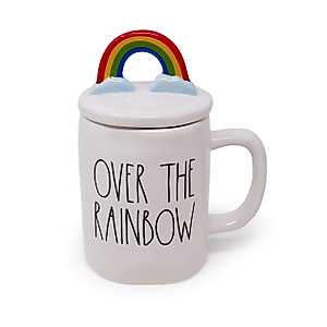 Rae Dunn Artisan llection OVER THE RAINBOW Glossy White ffee Tea Mug with Rainbow Clouds Topper,Green, White,7.25 H X 3.75 D x 5.5 Across luding handle