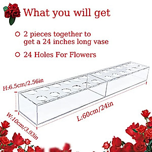 2Pcs Acrylic Flower Vase Rectangular Clear Acrylic Modern Vases- Total 24 Inches Long Rectangular Floral Centerpiece Low Decoration Vase for Dining Table Halloween Party Decor Wedding（24Holes）