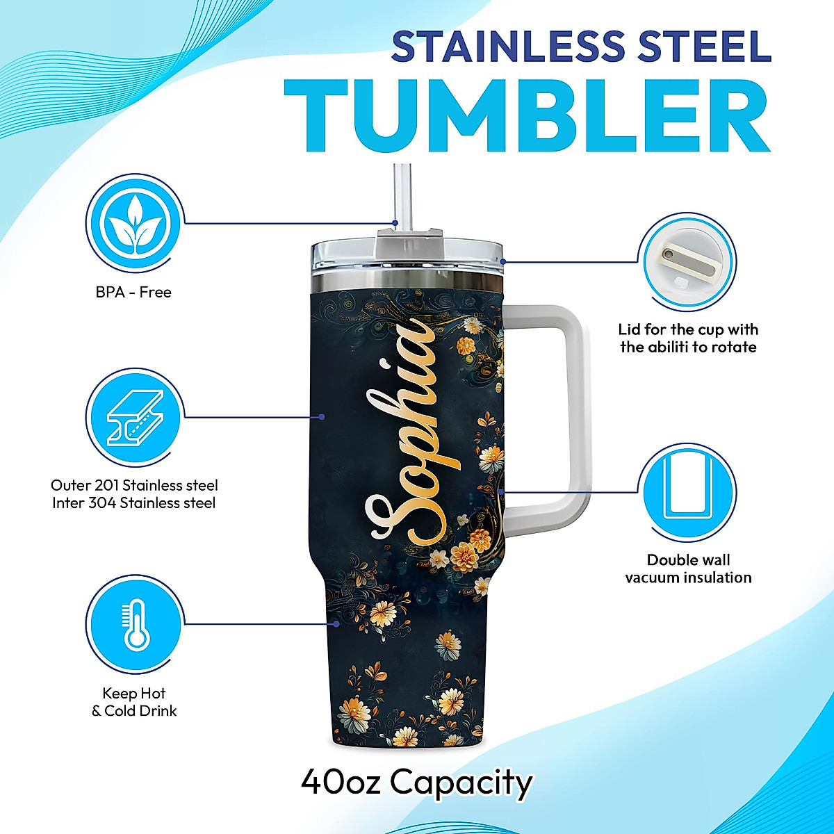 Hyturtle Personalized Peacock Tumbler - Floral Peacock Gifts For Women - Animal Present For Peafowls Lover Her - Mothers Day Present For Mom - Custom Name Travel Coffee Cup 40 oz With Lid And Straw