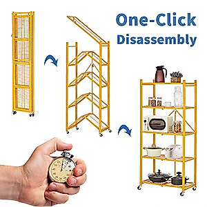 ShanSon Storage Shelves with Wheels 5 Tier Heavy Duty Foldable Metal Rack Storage Shelving Units for Garage Kitchen，Yellow