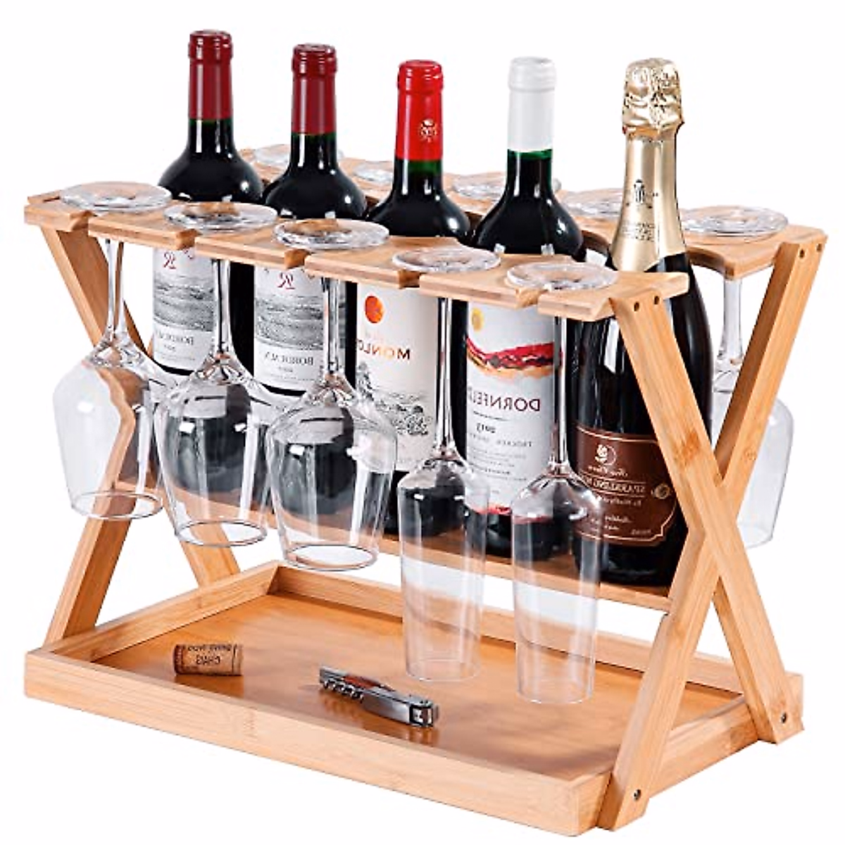 Ollieroo Countertop Wine Rack with Glass Holder, Freestanding Tabletop Small Wine Rack with Cork Tray, Hold 5 Wine Bottles 10 Glasses, Bamboo Wobble-Free Bottle Holder for Kitchen Bar Counter Cabinets