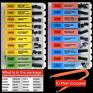 EEEEE IC kit 161 pcs, 20 Models Chip Assortment Set Analog Integrated Circuits Electronics Parts Opamp Pack, 555 Timer Components, Op Amp, Oscillator, Pwm, IC Plier Included UA741 LM358 and More..