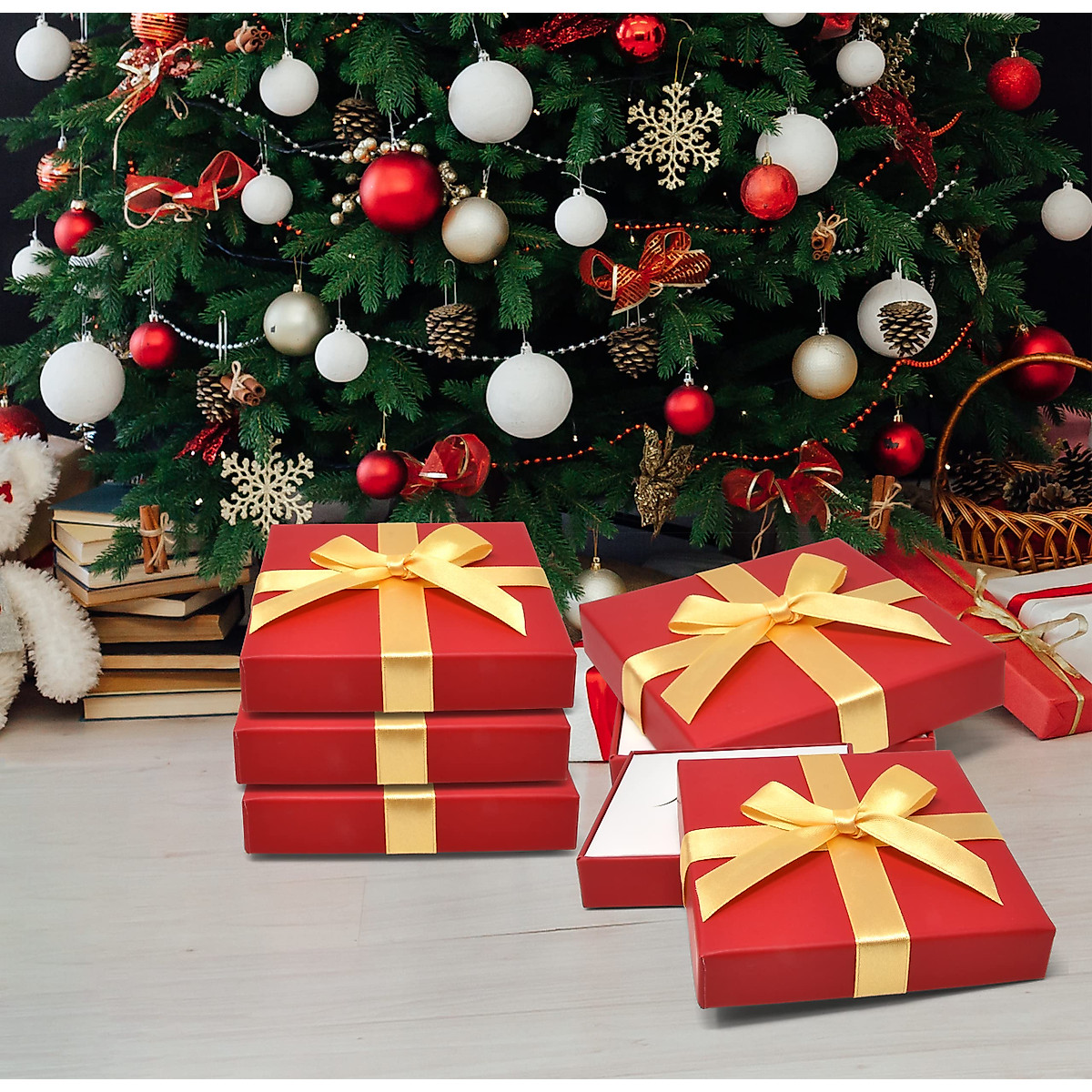 Gift Boutique Christmas Card Gift Holder Boxes Holiday Money Card Holders Party Favor Decor, Pack of 6 Red Present Box With Gold Bow