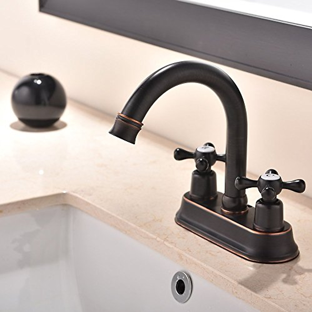 UFaucet 2 Handle Oil Rubbed Bronze Bathroom Faucet, Farmhouse 4 Inch Centerset Vanity Faucet, Stainless Steel Bathroom Sink Faucet Deck Mount RV Lavatory Mixer Tap Without Accessories
